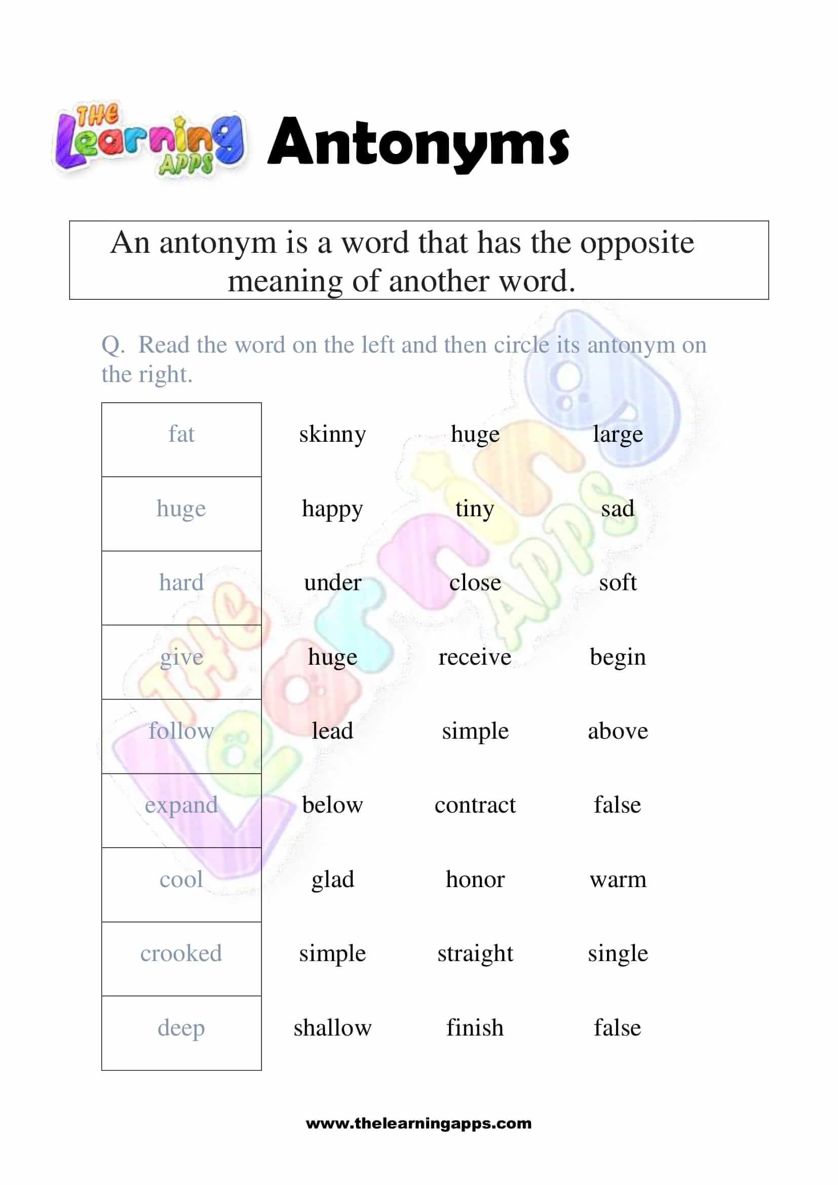 Download Free Printable Antonyms Worksheets for Grade 1