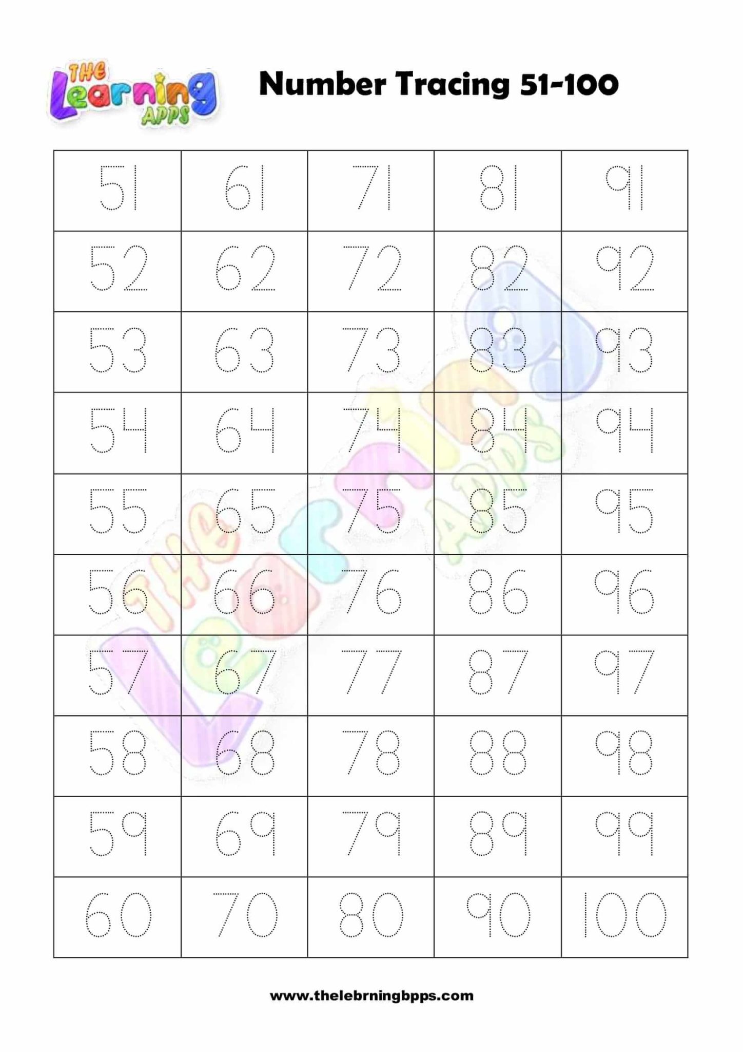 Free Printable Number Tracing 51-100 Worksheet for Kids